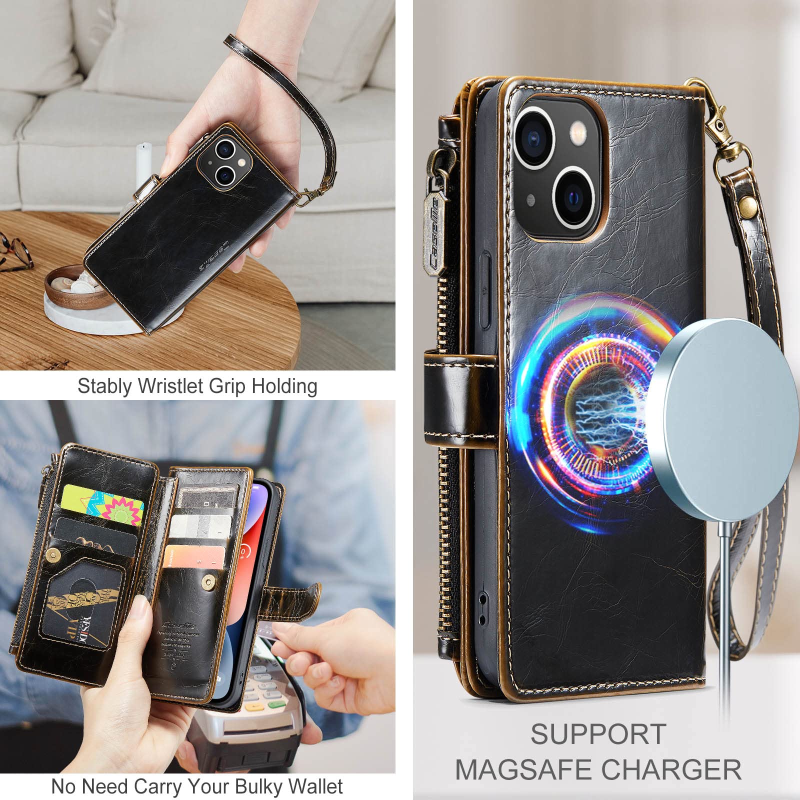 FLIPALM Wallet Case for iPhone 14 Pro(6.1") Flip Case,Compatible with MagSafe Charger,PU Leather Zipper Protective Lanyard Strap Wristlet Case with Magnetic Closure and Card Holder Luxury Coffee