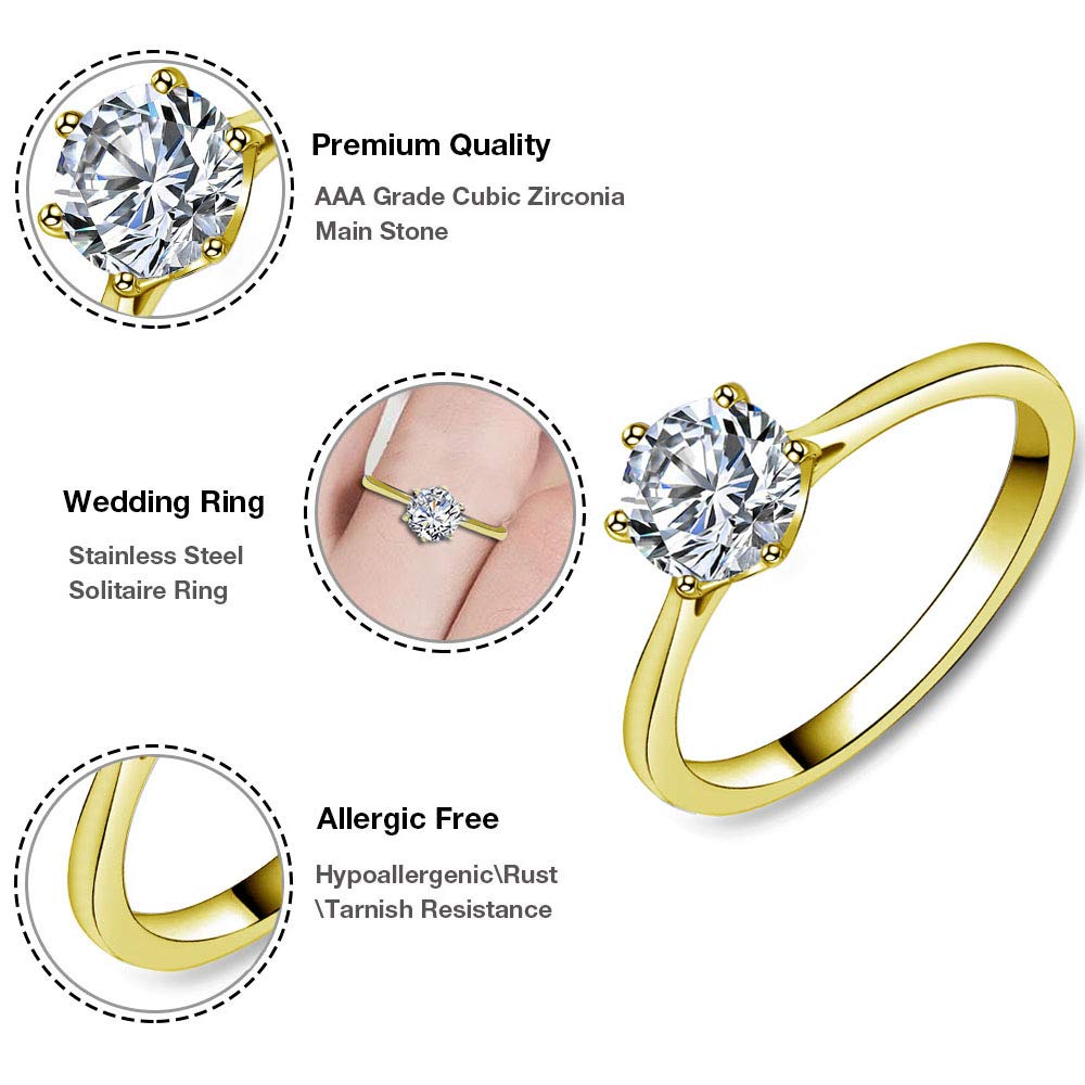 FlameReflection Gold Plated Stainless Steel Solitaire Wedding Engagement Ring for Women Proposal Statement 1.0 Carat CZ Travel Promise Ring Size 7.5