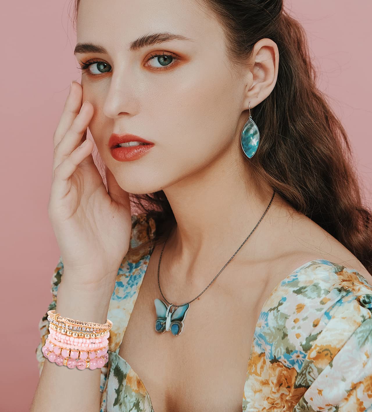FIRAZIO 1-6 Set Bohemian Mix Bead Stackable Bracelets for Women Multi Layer Versatile Statement Beaded Bracelets Boho Strand Bangles Blue Turquoise Stretch Bracelets