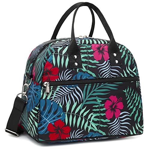 FlowFly Insulated Lunch Bag With Shoulder Strap for Women, Men, and Kids, Large and Reusable, Handle, Freezable Work and School Travel Tote and Meal Prep Organizer,Black#Leaf