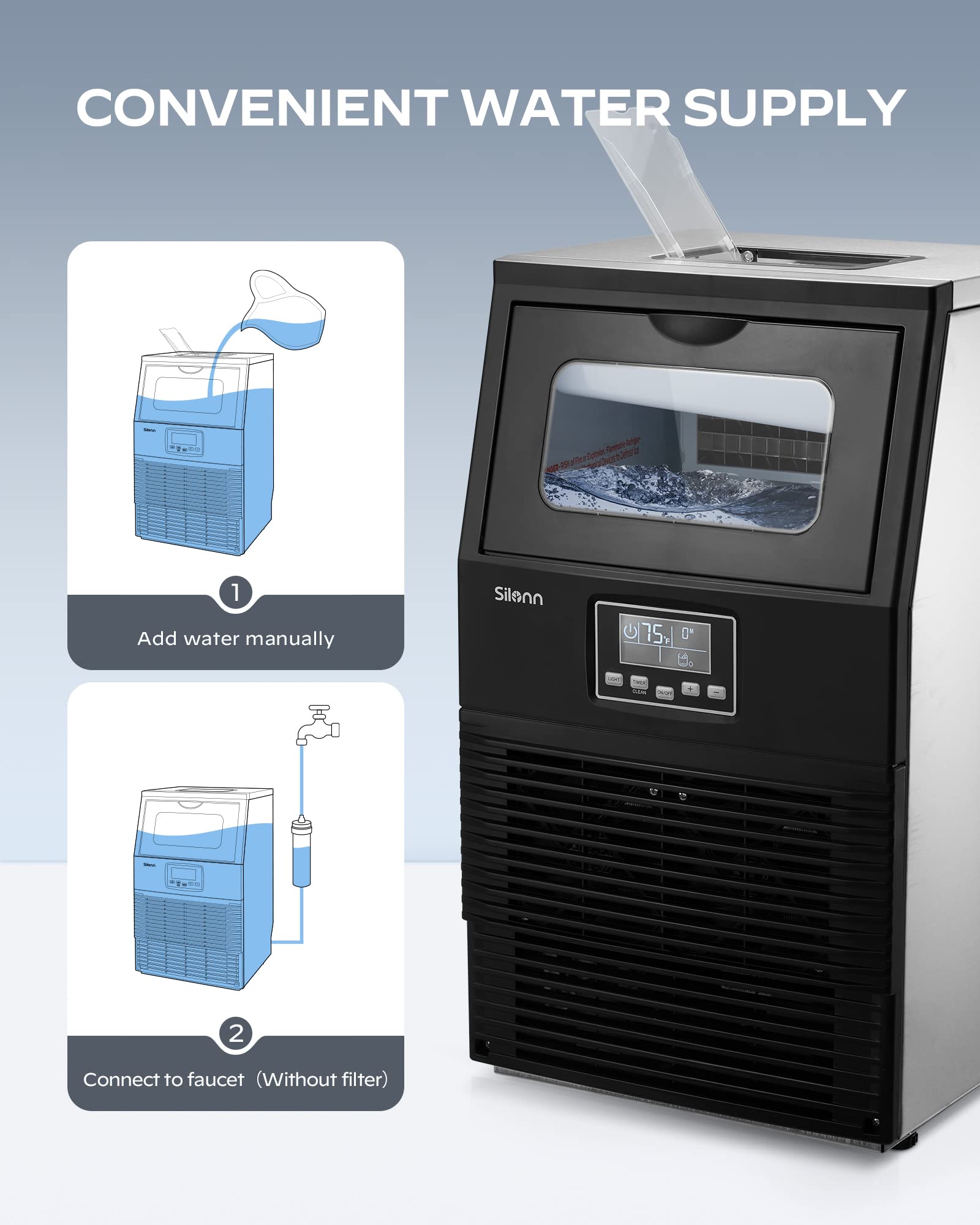 Silonn Commercial Ice Maker Machine, 84LBS/24H, Full Heavy Duty Stainless Steel Construction, Self-Cleaning, Clear Cube for Home Bar, Include Scoop, Connection Hose