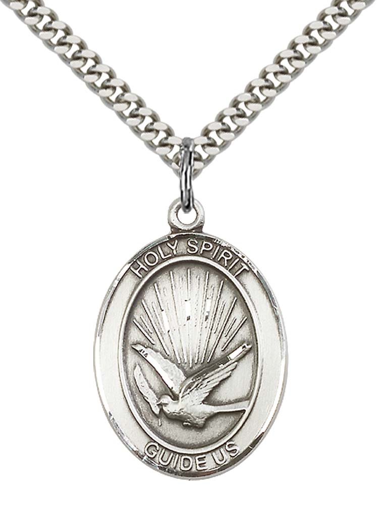 F A Dumont Sterling Silver Holy Spirit Pendant with 24" Stainless Steel Heavy Curb Chain.