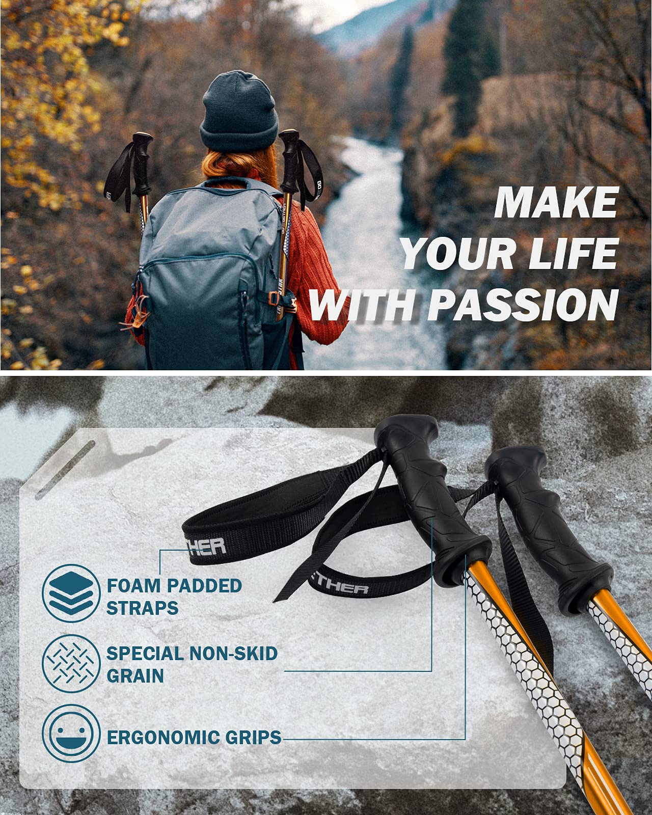 G2 Trekking Hiking Poles Telescopic/Aluminum Alloy/Comfort BMM Handle/Auto-Adjustable Strap/Quick Flip Lock/Snow Baskets Attached (Pack of 2 Poles), Orange