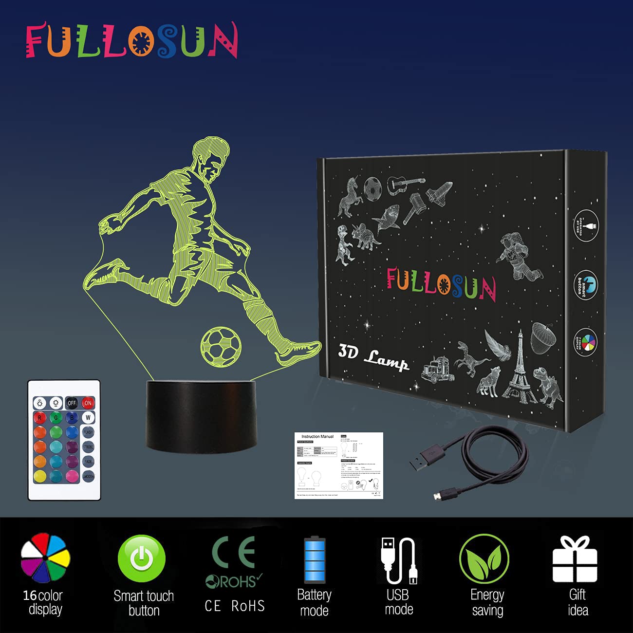 FULLOSUN Soccer Night Light, 3D Optical Illusion Lamp for Soccer Fan, Idea Birthday Xmas Gifts for Sport Fan Boys Girls with Remote Control 16 Color Change + Dim Function + 4 Flash Mode