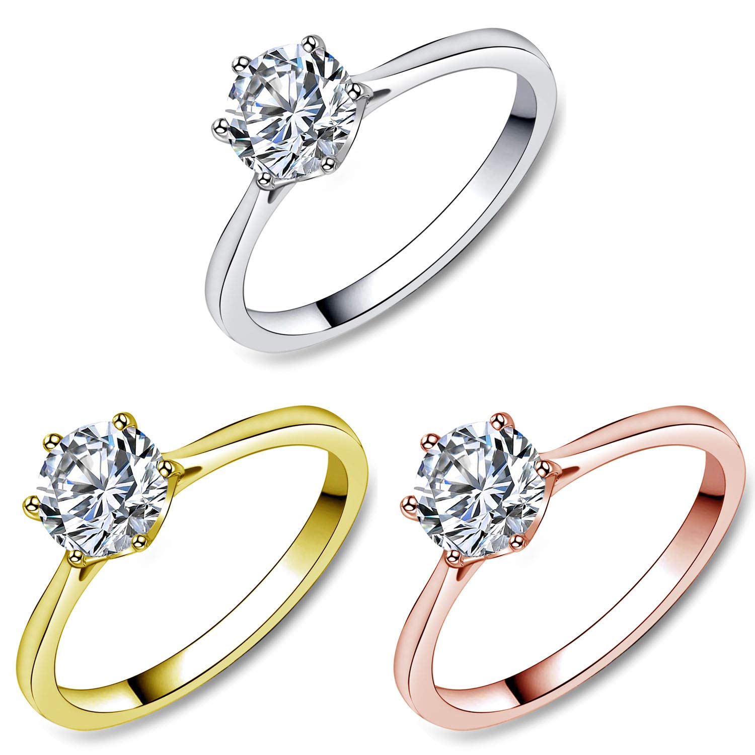FlameReflection Gold Plated Stainless Steel Solitaire Wedding Engagement Ring for Women Proposal Statement 1.0 Carat CZ Travel Promise Ring Size 7.5