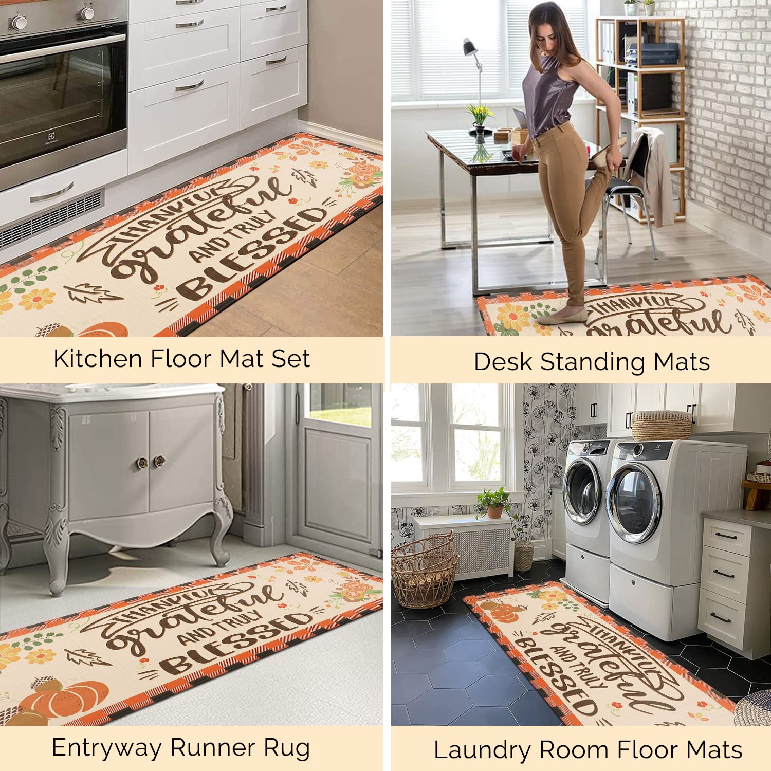Falflor Thanksgiving Kitchen Rugs 2 PCS Farmhouse Kitchen Mats Set Dwarf Pumpkin Decorative Anti Fatigue Kitchen Floor Mats Non Slip Waterproof Comfort Standing Mats for Sink Office Desk
