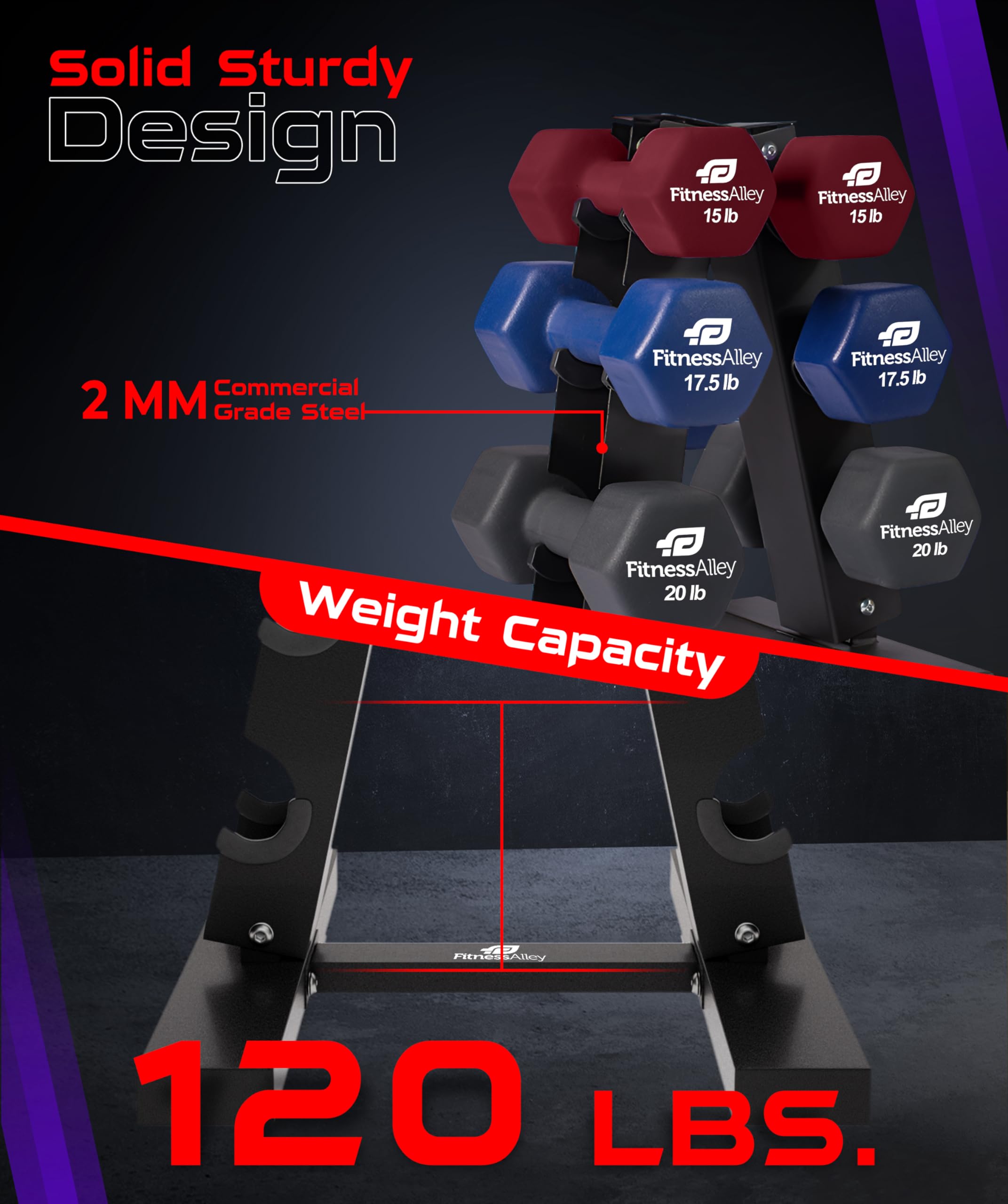 Fitness Alley Neoprene Dumbbells A Frame Rack - Free Weights Hex Hand Weights - Gym Exercise 5 Pairs Set (3lb, 5lb, 8lb, 10lb, 12lb) with 5 Tier Rack