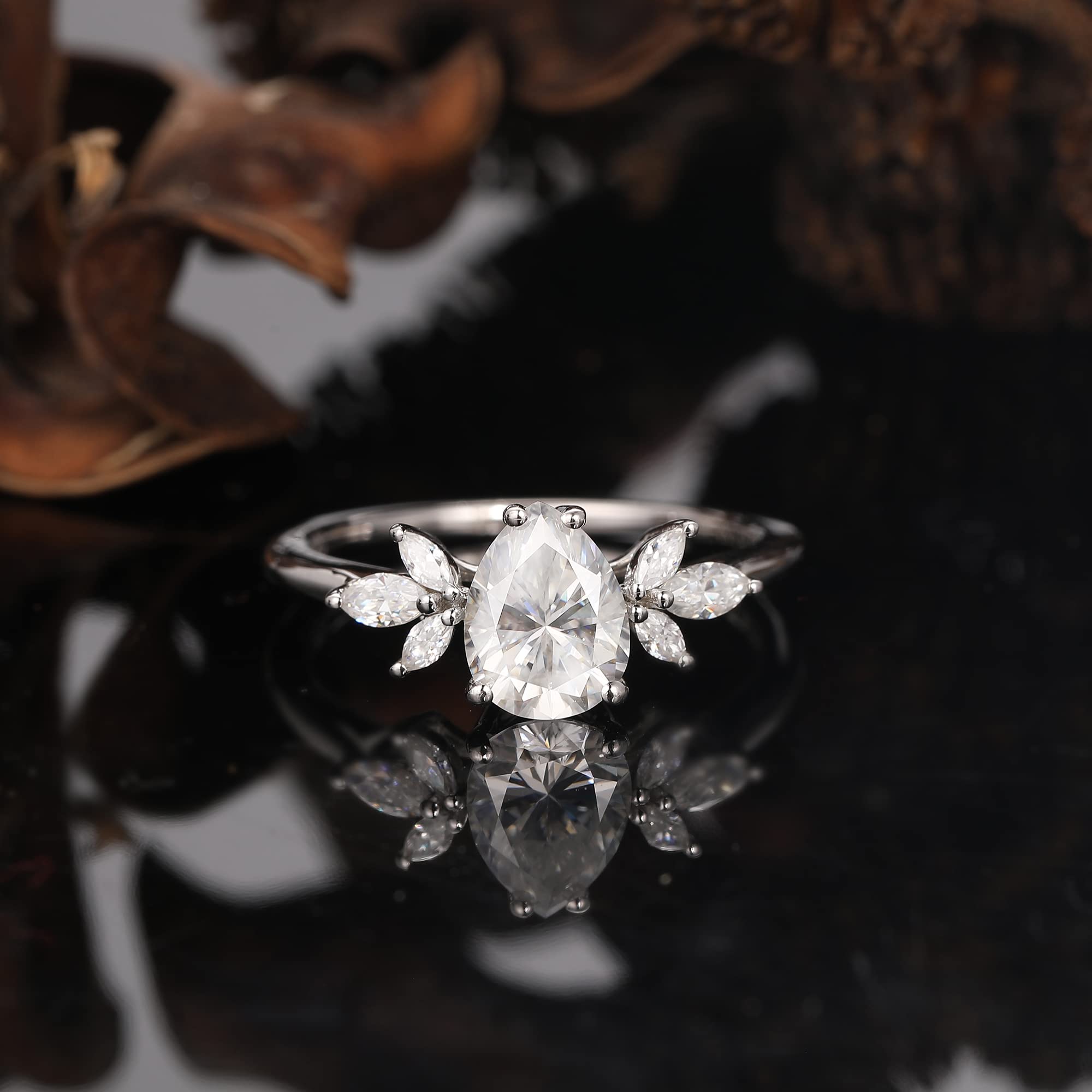Frayerr Marquise Moissanite Cluster Ring - Gift Ring For Wife - Pear Cut 6x8mm GH VVS1 Moissanite Engagement Ring - 925 Sterling Silver Prong Set Women Ring - Anniversary Ring (6.5)