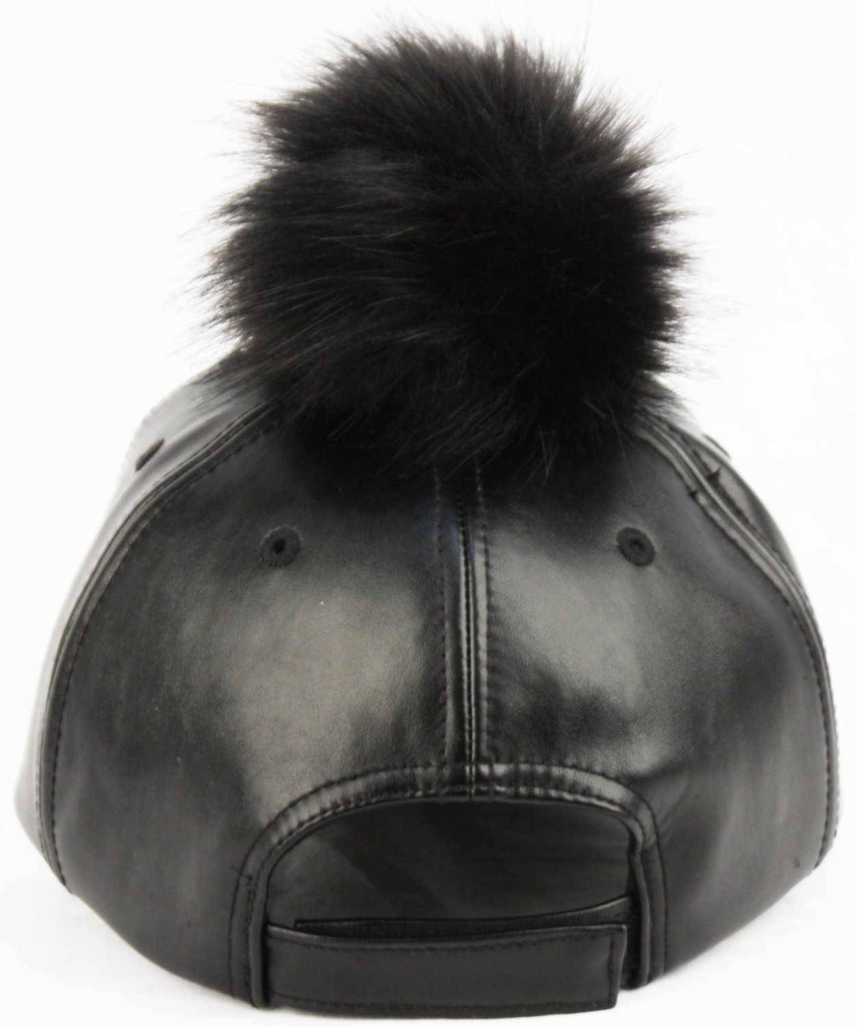 Faux Leather Five Panel Pom Pom Baseball Cap ,Black/Black,One Size