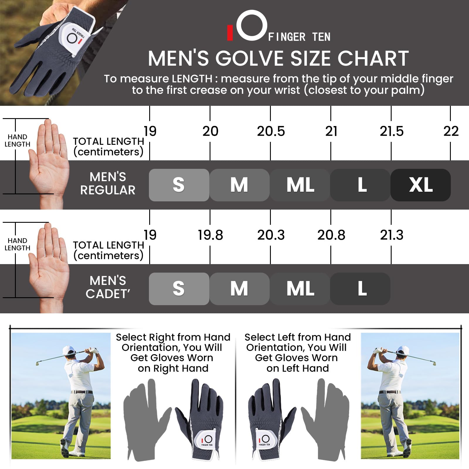 FINGER TEN Golf Gloves Men Right Left Handed Golfer Mens Glove RainGrip Hot Wet Weather Value 6 Pack, All Weather in Grey Medium/Large (Grey, Medium/Large, Left)