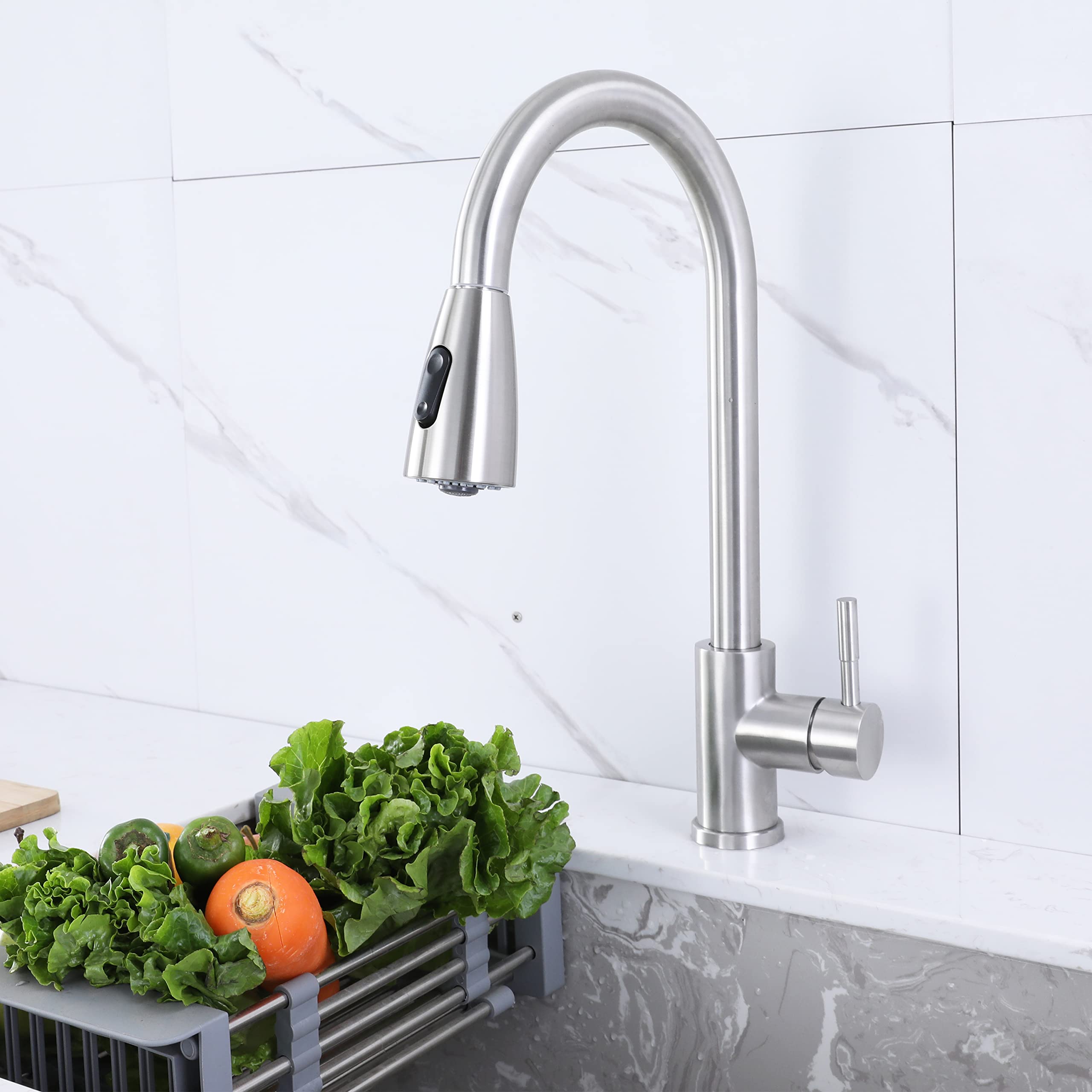 Kitchen Faucet Sprayer Head 3-Function Nozzle Spout G1/2 Connector Pull Down Pull Out Kitchen Tap Hose Sprayer Filter Sink Spray Head Replacement Part Brushed Nickel Black