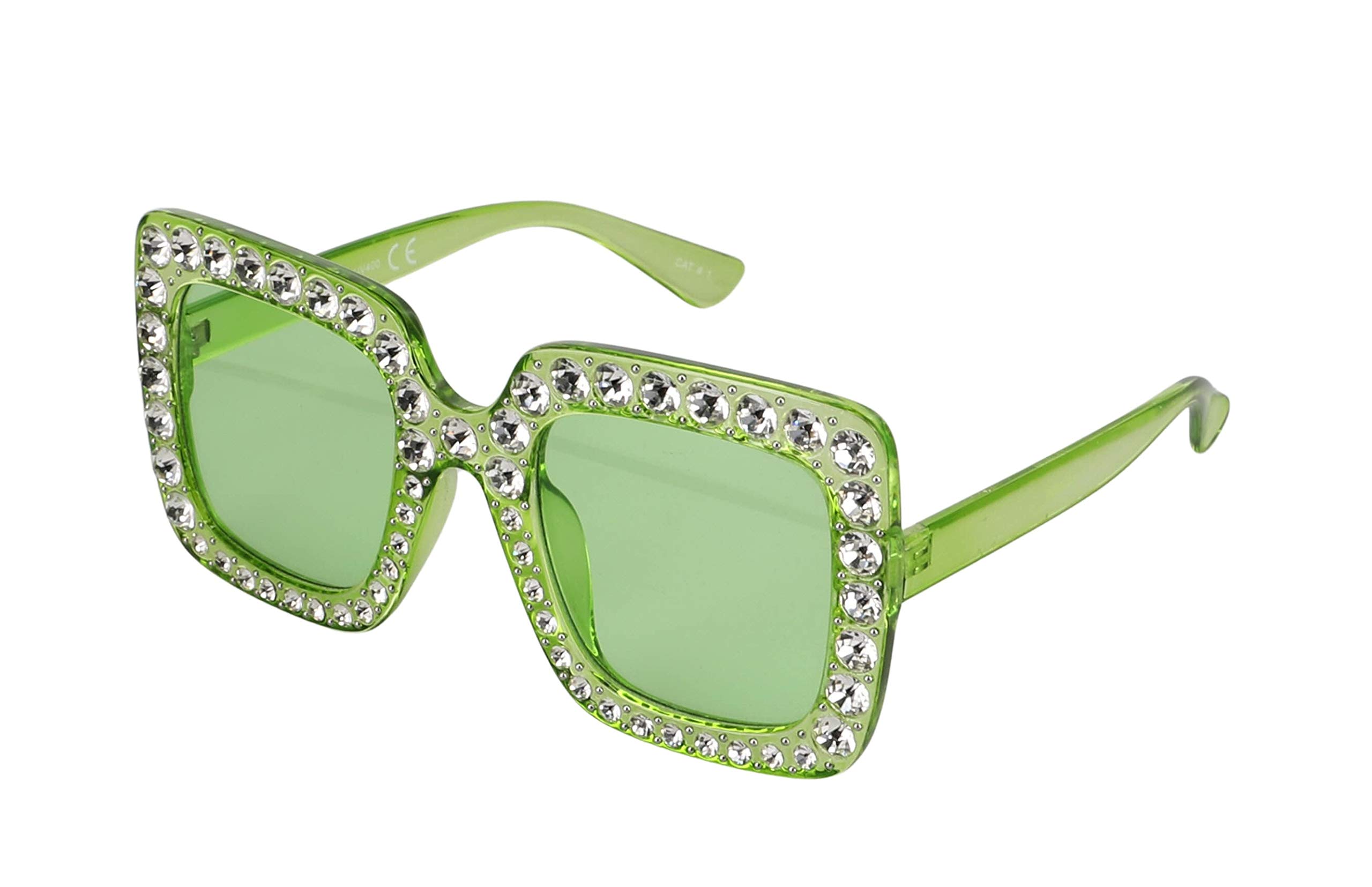 FLAWLESS Oversized Square Frame Bling Rhinestone Crystal Design Sunglasses For Women (Green)