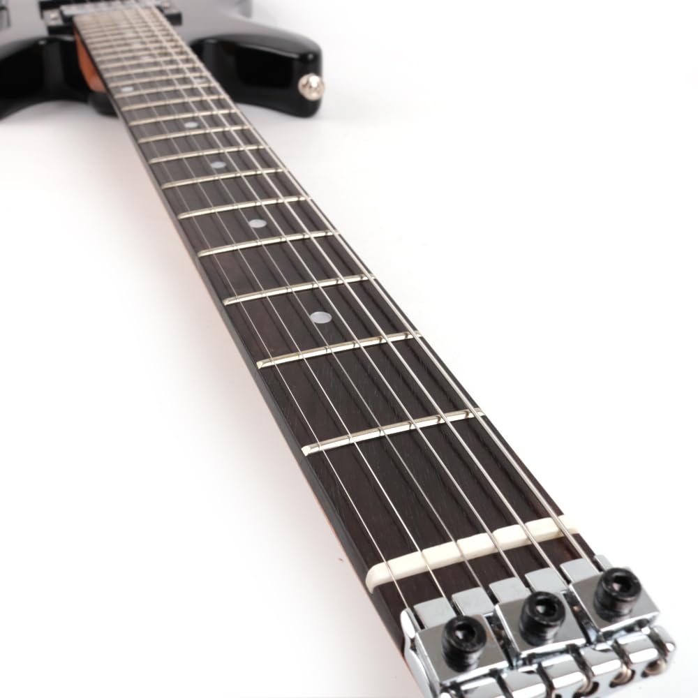 Fojill Full Scale Length Travel Portable Black Electric Guitars Mini Flame Maple Headless Electric Guitar (Black)