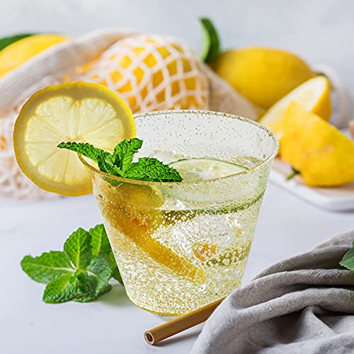 FOCUSLINE 100 Pack Gold Glitter Plastic Cups 9 oz Clear Plastic Cups Tumblers, Fancy Disposable Hard Plastic Cups with Gold Glitter for Wedding Cups Elegant Party Cups