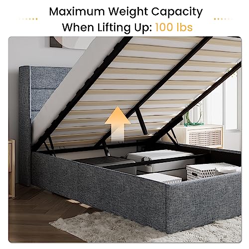 SHA CERLIN Full Size Lift Up Storage Bed/Modern Wingback Headboard/Upholstered Platform Bed Frame/Hydraulic Storage/No Box Spring Needed/Wood Slats Support/Grey Blue