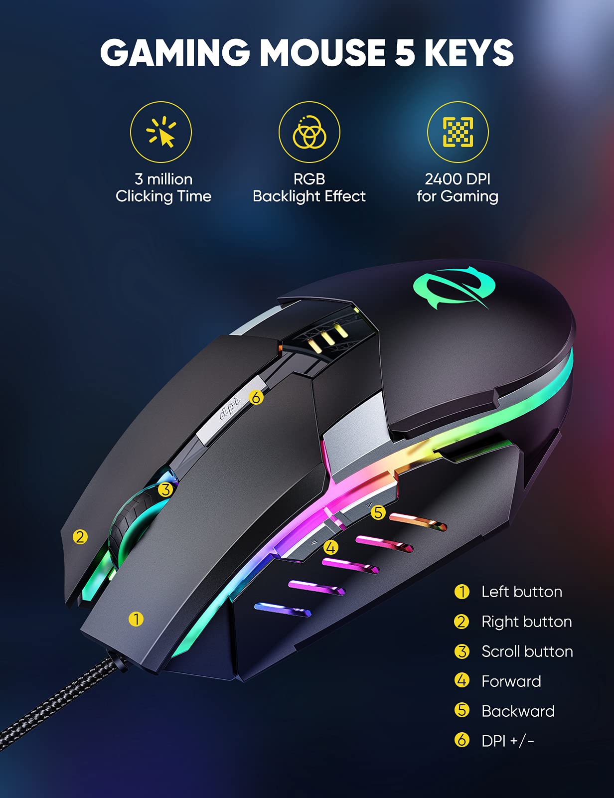 Gaming Keyboard and Mouse, Hiwings RGB Wired Gaming Mouse and Keyboard with Computer Mouse 10 Multimedia Keys Palm Rest for Windows PC Gamers (Membrane)