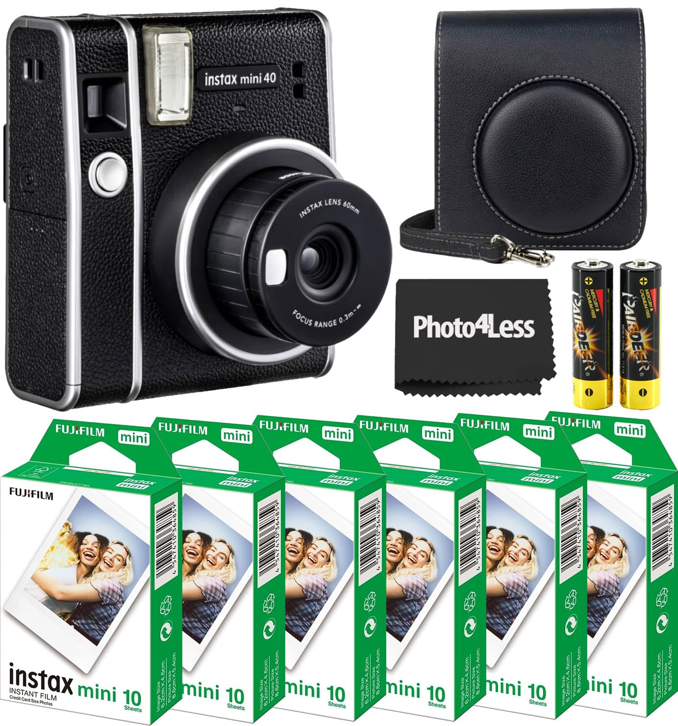 Fujifilm Instax Mini 40 Instant Camera Black, Fuji Mini Film Value Pack 60 Sheets, Vintage Style Carrying Case, Bundle