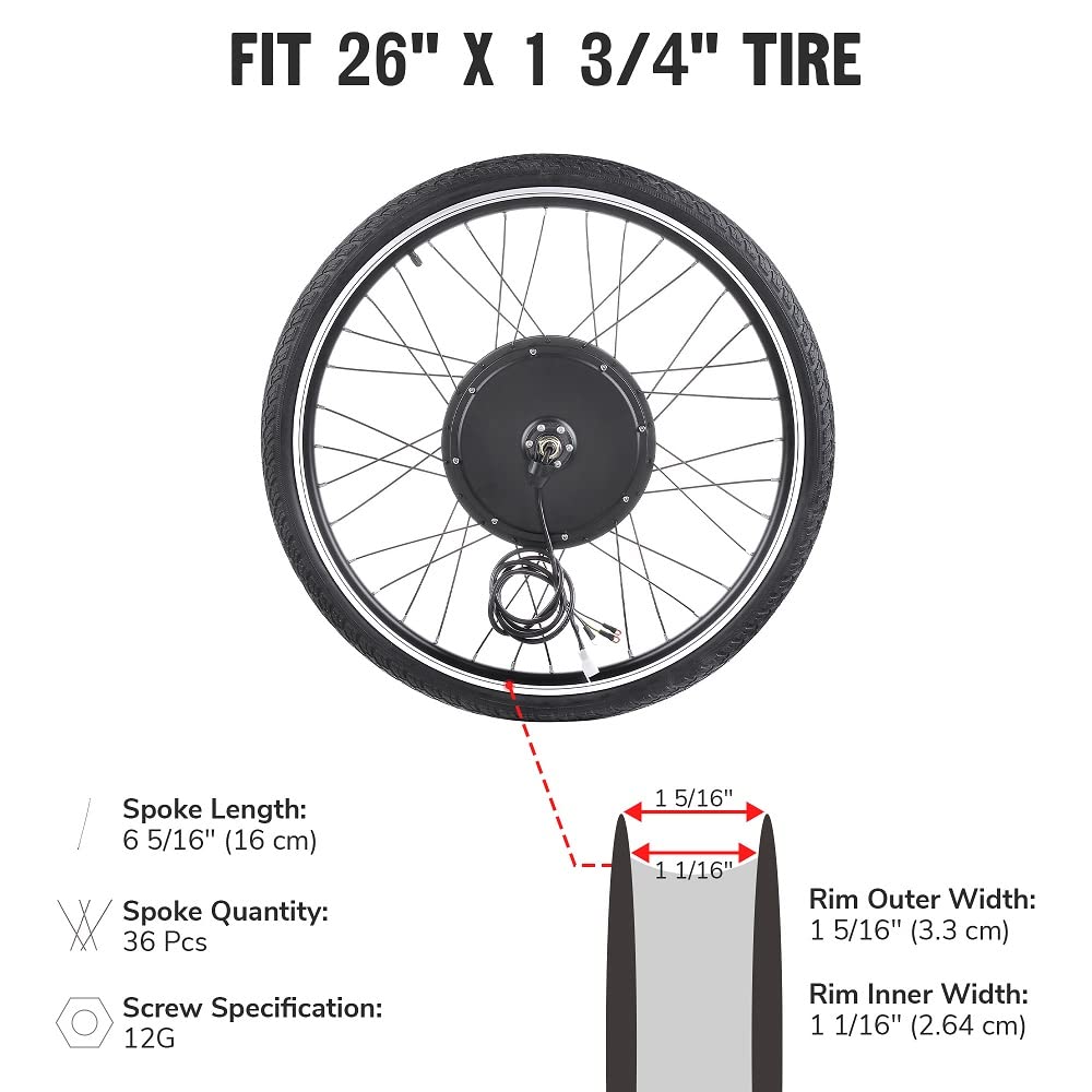 Front Wheel 26"x1.75" 48 Volt 1000 Watts Electric Bike Hub Motor Brushless Gearless Engine Kit Dual Mode Controller US Delivery(Front Wheel)