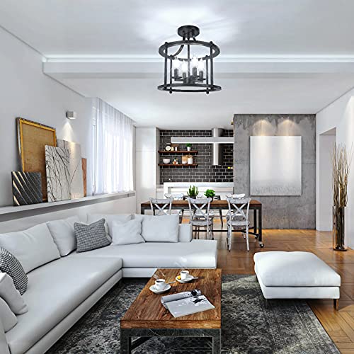 Farmhouse Semi Flush Mount Ceiling Light Fixture, 4-Light Industrial Ceiling Light Matte Black w/ E12 Base Metal Rustic Vintage Chandelier Lighting for Kitchen Dining Room Hallway Entryway Bedroom