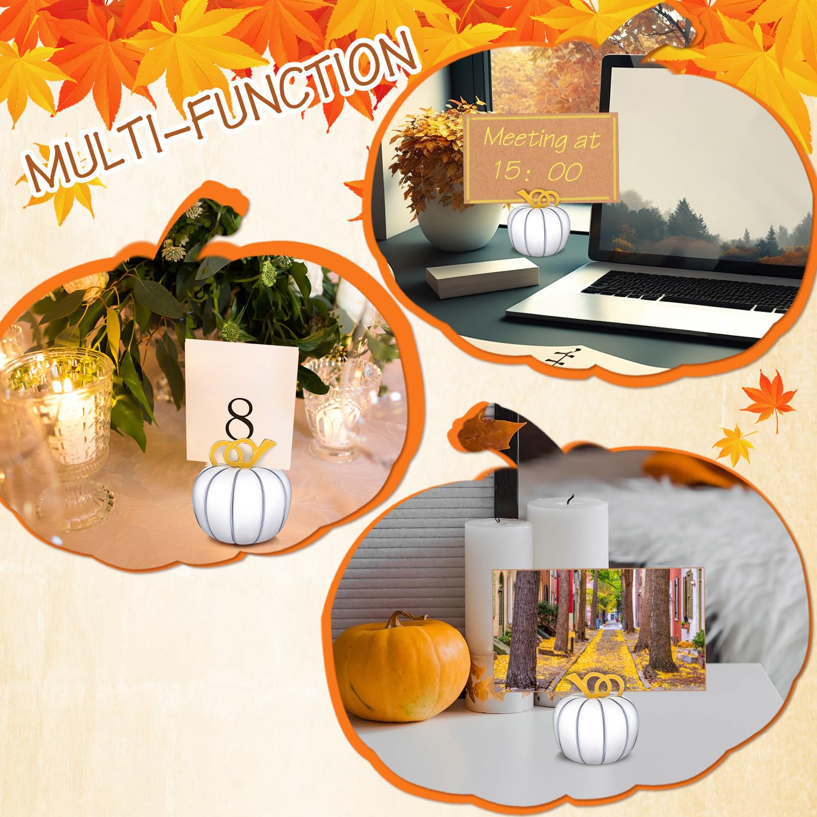 Thyle 24 Pcs Pumpkin Place Card Holder Thanksgiving Pumpkin Stand Holders Mini Pumpkin Photo Holder Fall Table Decoration Harvest Pumpkin Table Number Holders for Party Wedding Table (White)