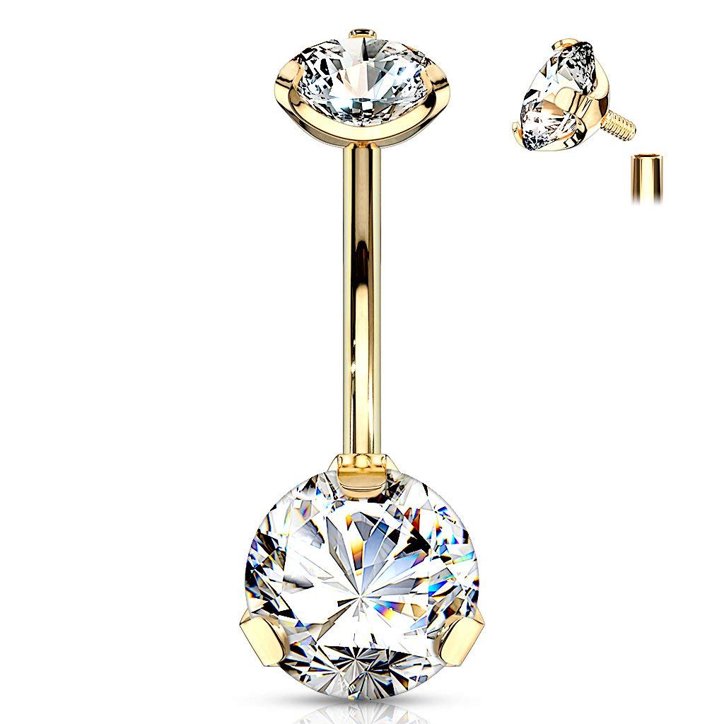 Forbidden Body Jewelry Long Belly Button Rings, Belly Button Jewelry, 14G Surgical Steel, Tri-Prong Round CZ Solitaire Belly Ring for Women, Internally Threaded (Gold/Clear)