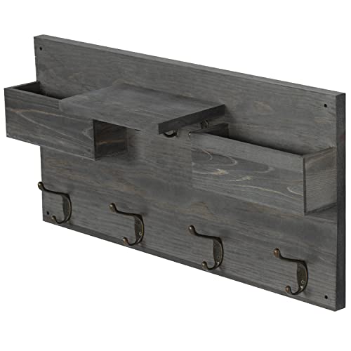 MyGift Wall Mounted Vintage Gray Solid Wood Mail and Key Holder Organizer Rack with Antique Key Hooks, Display Shelf and Letter Storage Bins, Entryway Family Command Center