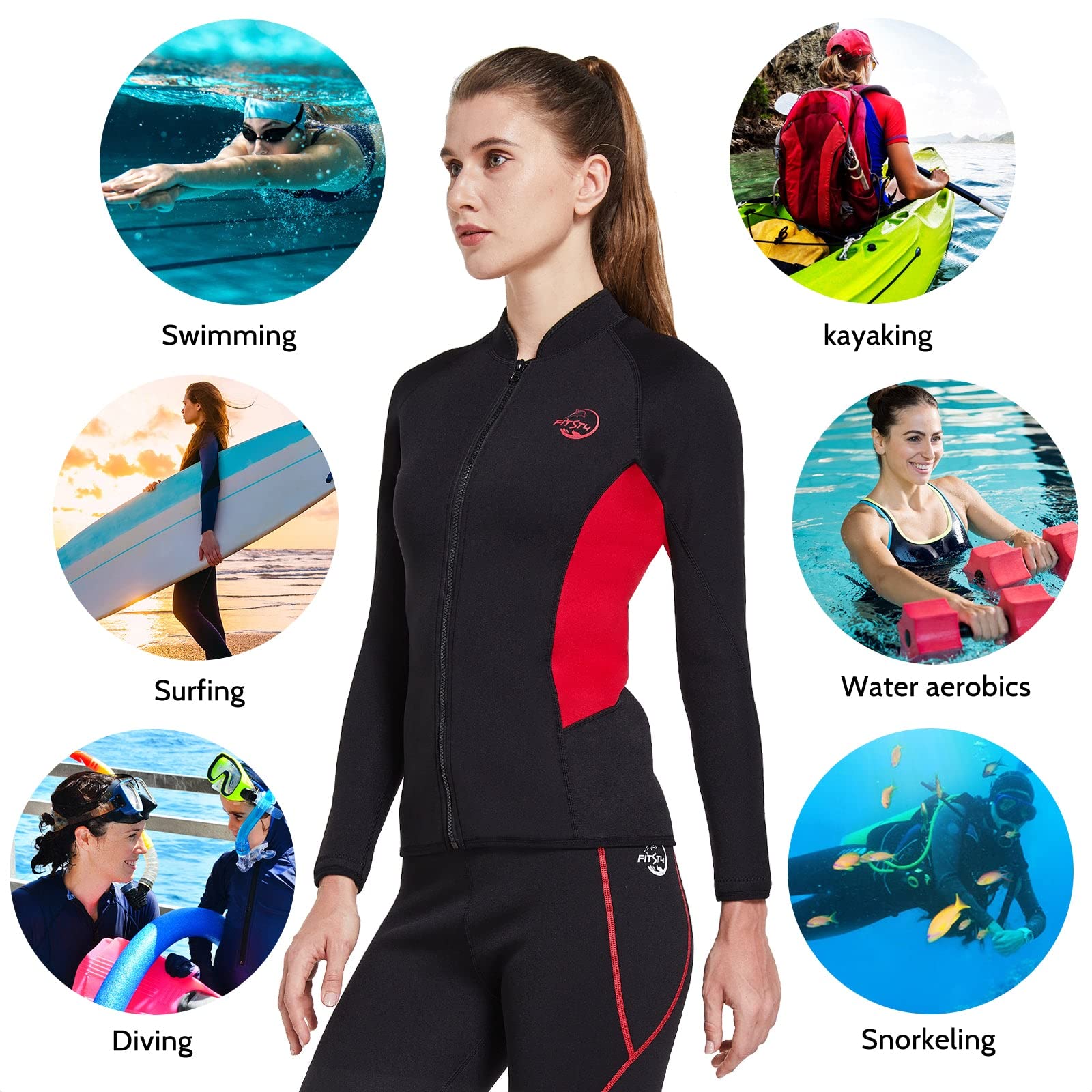 FitsT4 Womens Wetsuit Top 2mm Long Sleeve Neoprene Wetsuit Jacket with Front Zipper for Swimming Diving Surfing Boating Kayaking Snorkeling Red XL