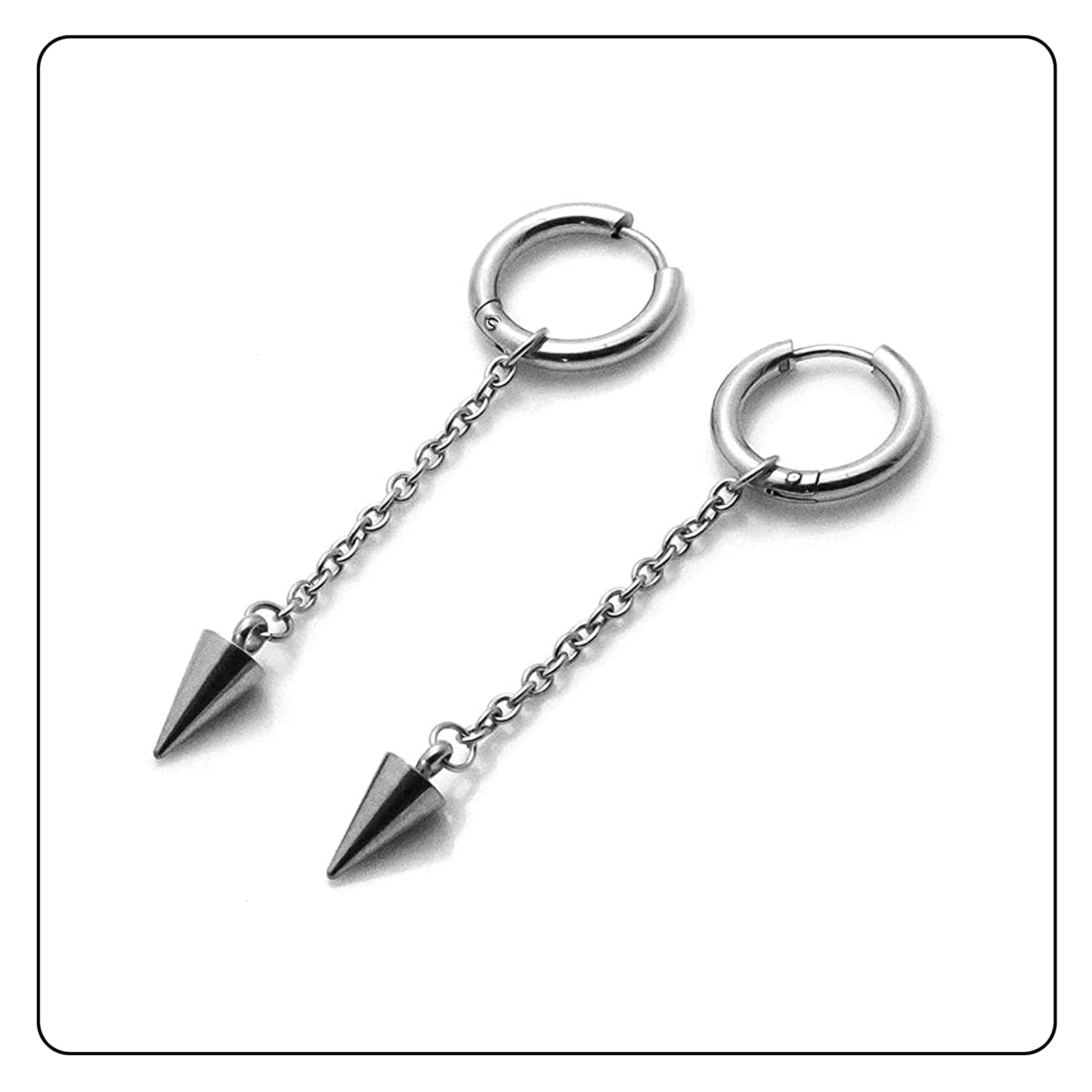 Fusamk Punk Rock Stainless Steel Cone Circle Hoop Earrings Long Chain Drop Dangle Earrings