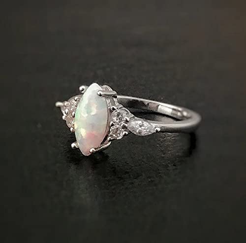 Genuine Marquise Ethiopian Opal Ring-Opal Cubic Zirconia Ring-October Birthstone Ring-925 Sterling Silver Engagement Ring-Opal Wedding Ring (7.25)