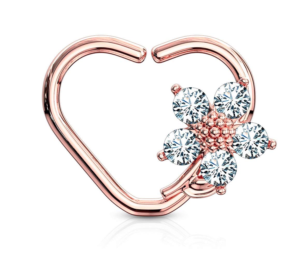 Forbidden Body Jewelry Rose Gold Plated Heart w/CZ Flower Daith & Cartilage Hoop Earring (Left Ear)
