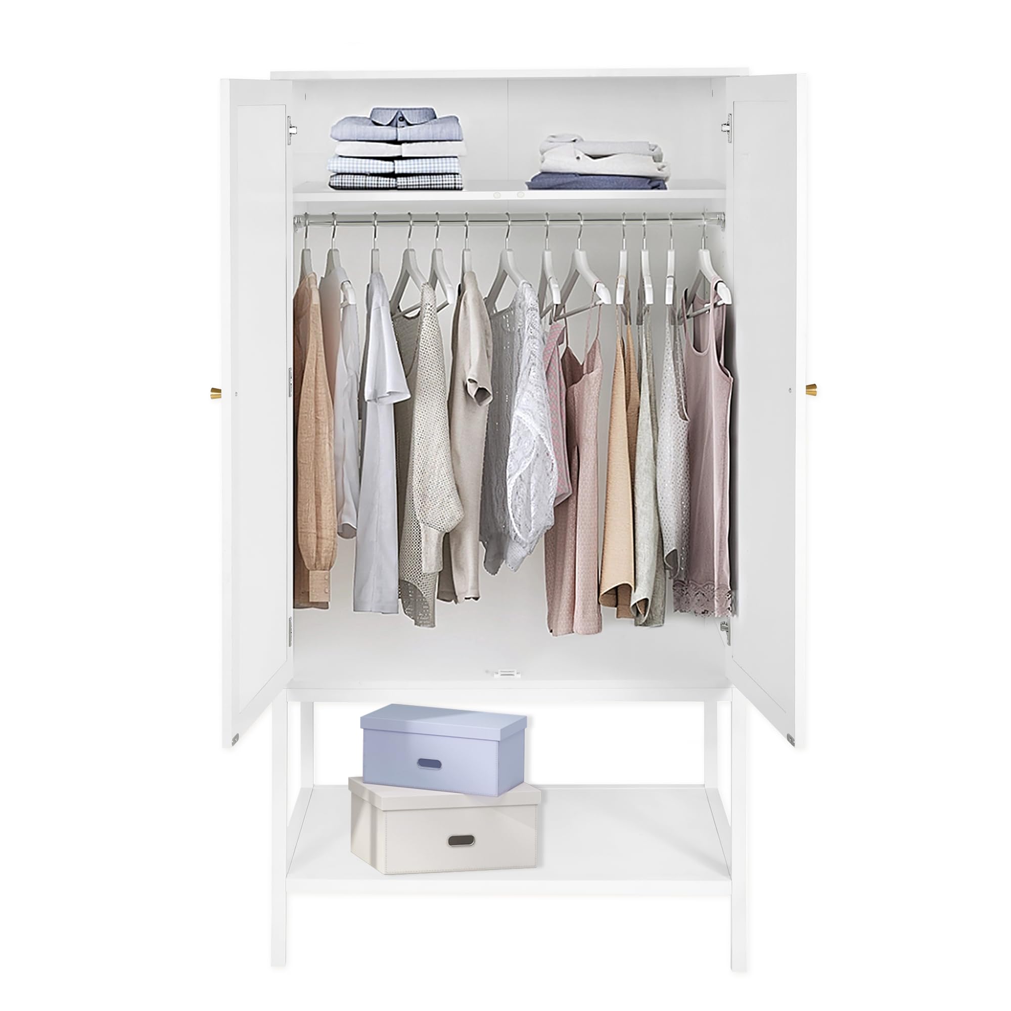 FOKWE Wardrobe Closet with 2 Doors, Rattan Wardrobe Cabinet with Shelves and Hanging Rail, Bedroom Independent Wardrobe Closet (White)