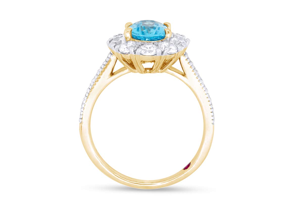 GEMVIO Collection 3 1/2 CT Cluster Halo Design, 6X8MM Oval Blue Topaz & Cubic Zirconia Ring 14k Yellow Gold Over Sterling Silver Engagement Wedding Promise Ring For Womens (3.50Cttw) Ring Size-7.5