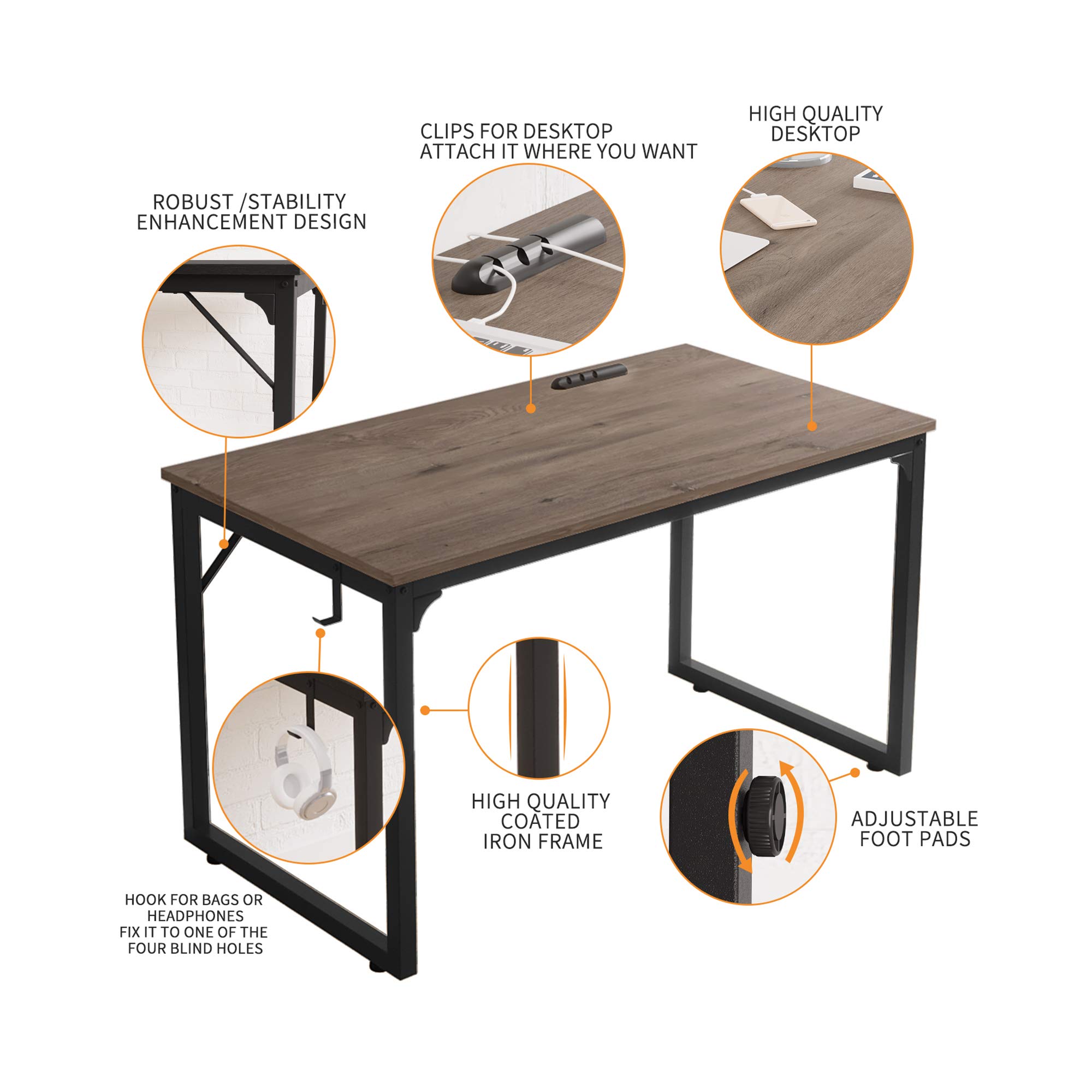 Flrrtenv 47 Inch Computer Desk, Small Desk, Office Desk with Hook, Modern Home Office Desk, PC Desk, Grey Oak