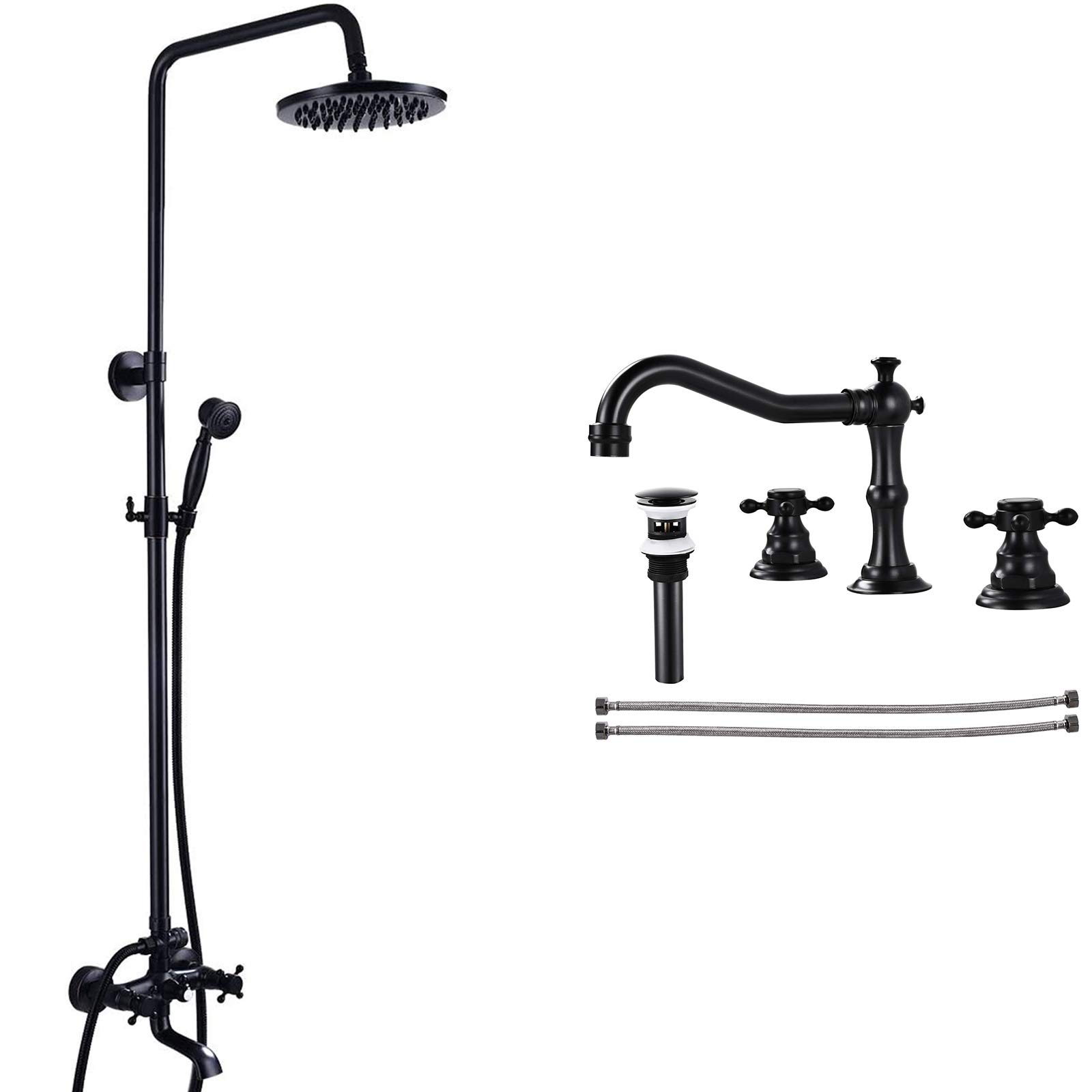 Wall Mounted Oil Rubbed Bronze Bathroom Rainfall Shower Faucet System Set Mixer 8-Inch Round Head with Matte Black Victorian Widespread Deck Mounted Three Holes Double Handles