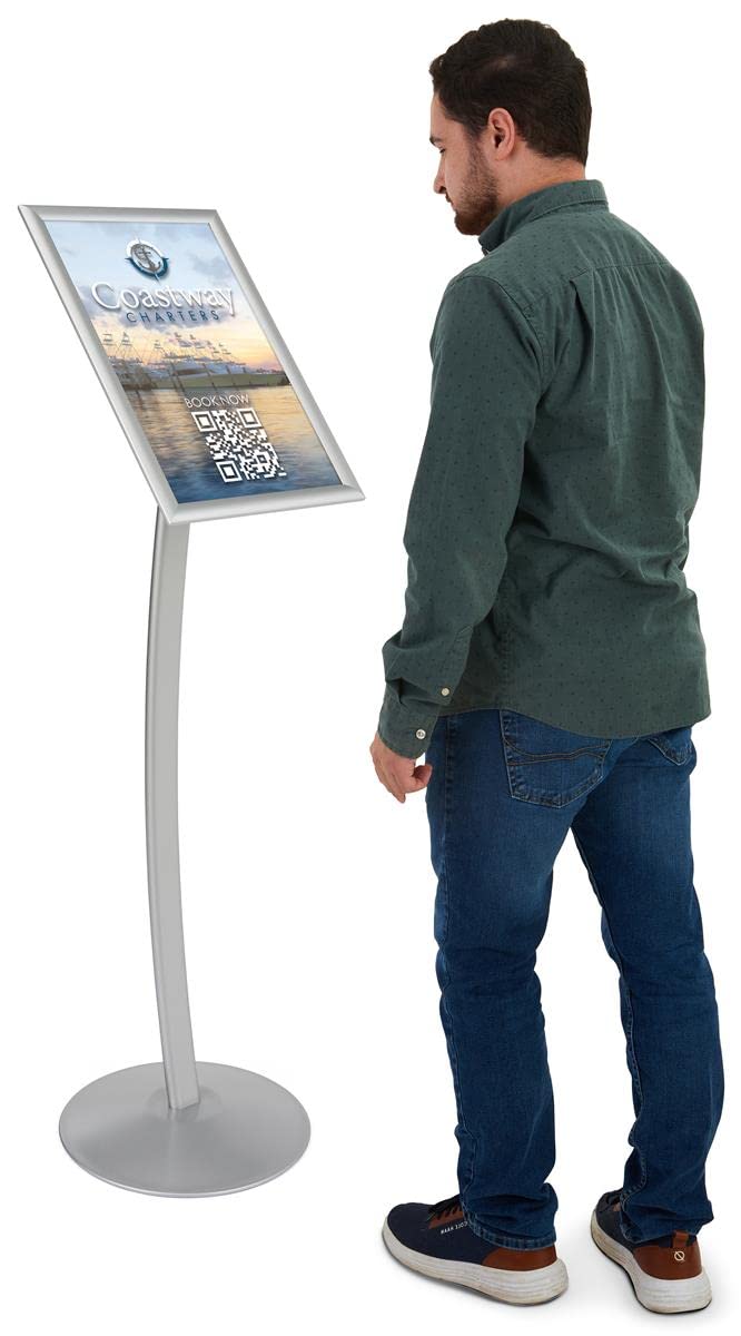 Floor-Standing Sign Stand for 11 x 17 inch Poster, Snap-Open Frame - Silver Anodized Aluminum