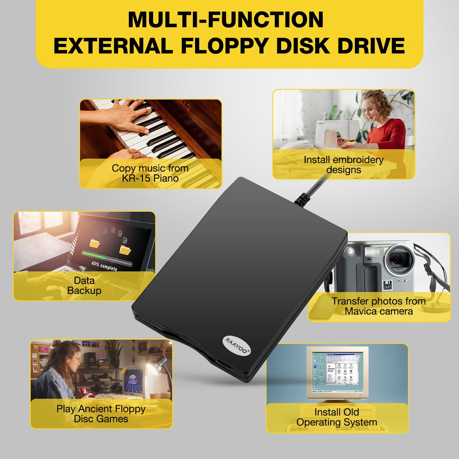 Floppy Disk Reader USB Type A/C Floppy Disk Drive/Player/Converter External 3.5 inch 1.44 MB Floppy Disc Reader Compatible with Windows 11/10/8/7/XP/2000 PC Laptop and Desktop