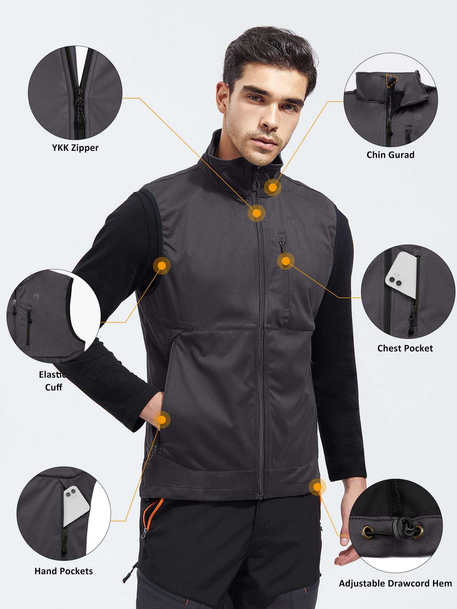 FREE SOLDIER Men's Lightweight Softshell Golf Vests Outerwear Windproof Sleeveless Jackets for Travel Hiking Running Fishing(Sleet Gray,L)