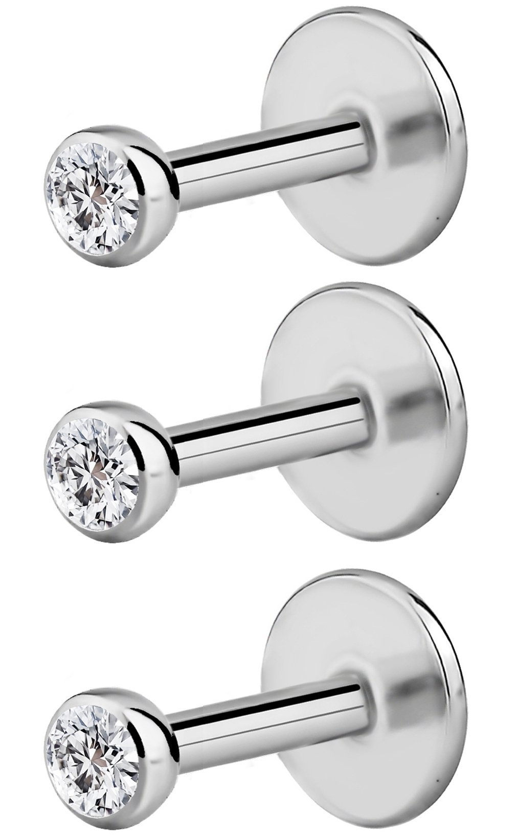 Forbidden Body Jewelry Surgical Steel Earrings Internally Threaded Micro CZ Gem Top Tragus/Helix/Labret Stud with 2mm Top (18G, 4mm) 3 pack