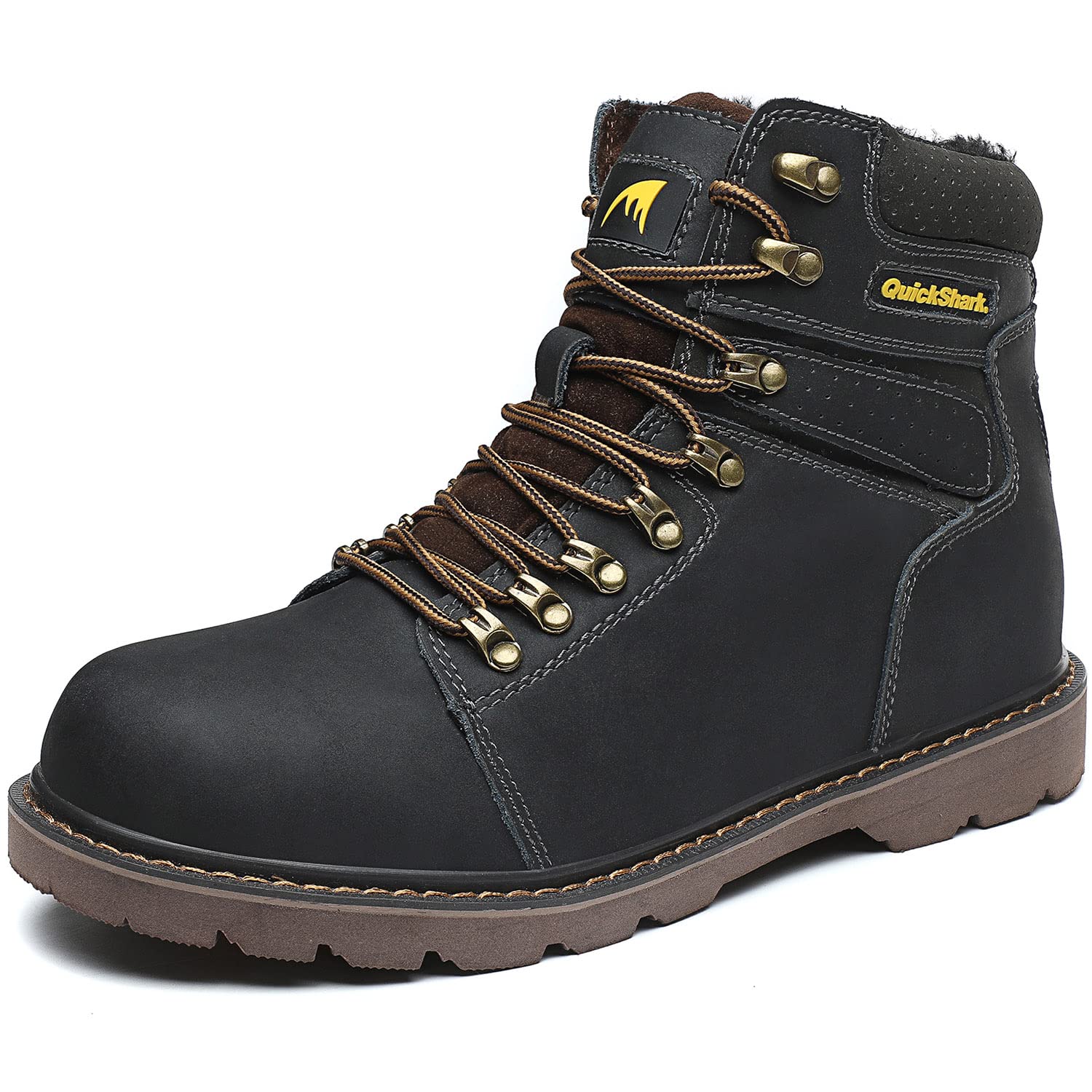 FiveStoresCity Men's Winter Snow Boots, Waterproof Leather Mid Ankle Hiking Walking Boot, Non Slip Insulated Shoes Warm Fur Lining Black 10.5