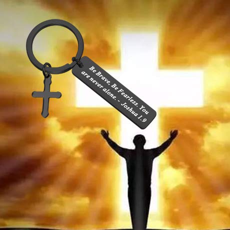 FEELMEM Christian Keychain Be Brave Be Fearless You Are Never Alone Joshua 1:9 Bible Verse Keychain Christian Religious Gift(black)