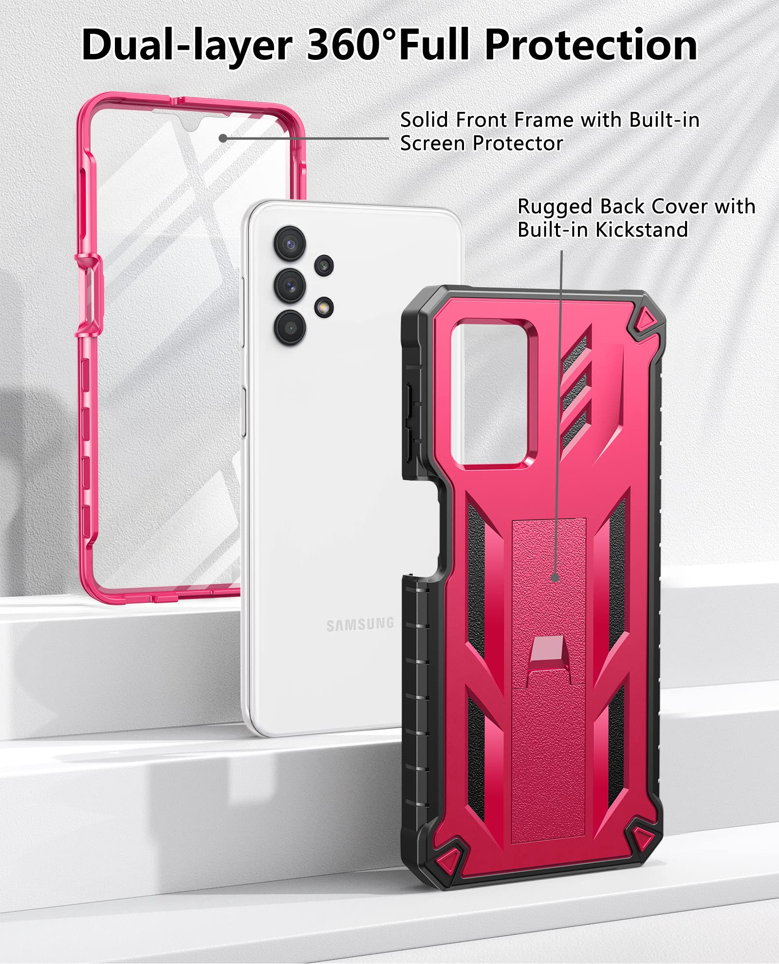 for Samsung Galaxy A32-5G Case: TPU Soft Shock Proof Protection | Hard Armor Design Shell - Heavy Duty Military Grade Durable Rugged Cell Phone Protective Cover with Kickstand for A32 5G Rose Red