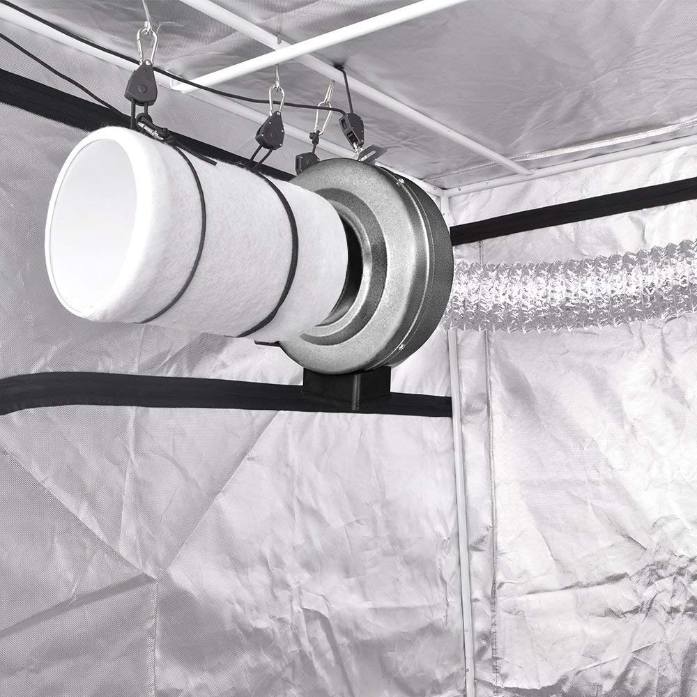 iPower GLFANXINL4FILT4MD8CTR 4 Inch 190 CFM Inline Fan Carbon Filter 8 Feet Ducting Combo with Variable Speed Controller and Rope Hanger for Grow Tent Ventilation, 4" Fan & Filter, Grey