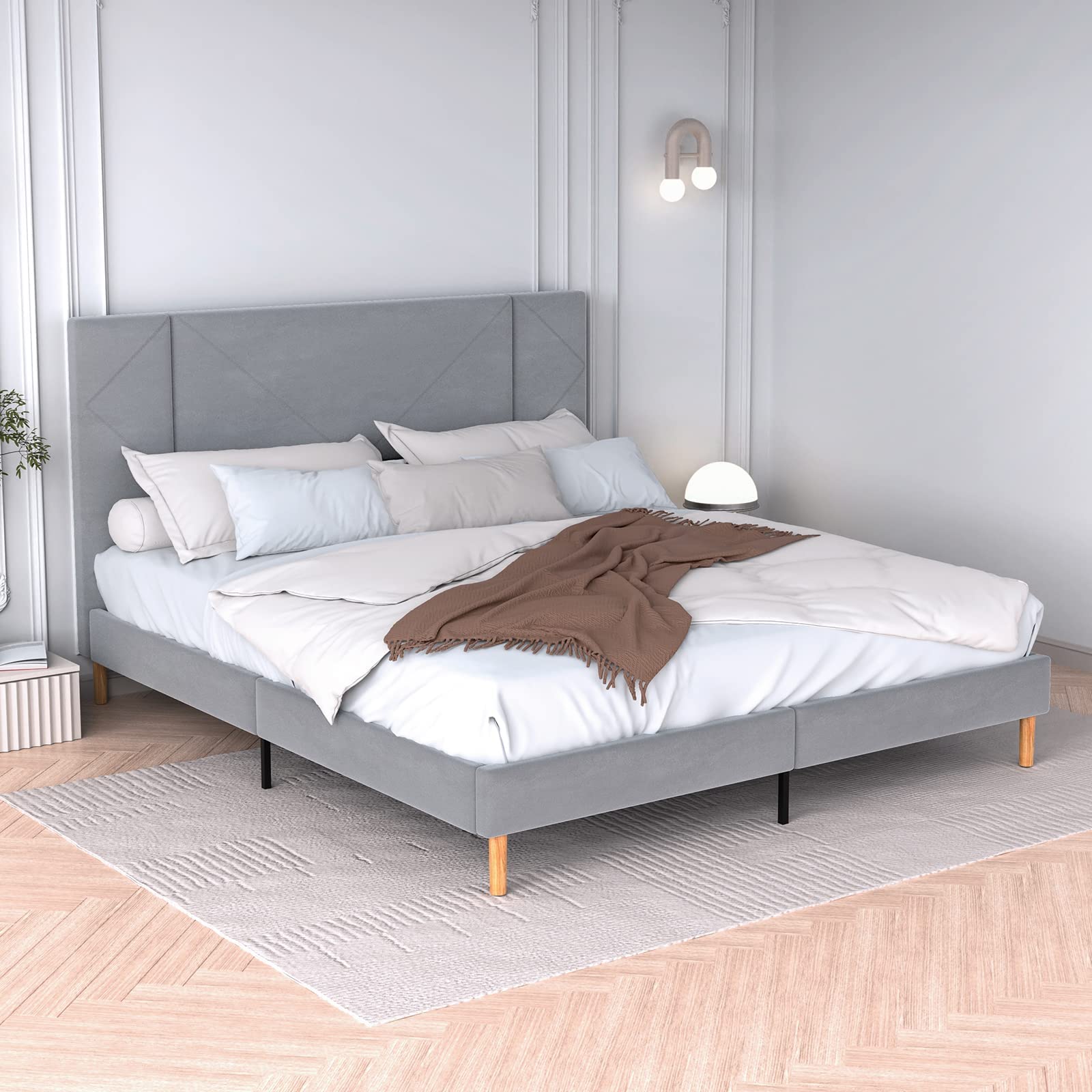 Flolinda King Size Bed Frame and Headboard, Velvet Upholstered Tufted Bed Frame King, Mattress Foundation with Sprung Slats, King Bed Frame No Box Spring Needed, Easy Assembly
