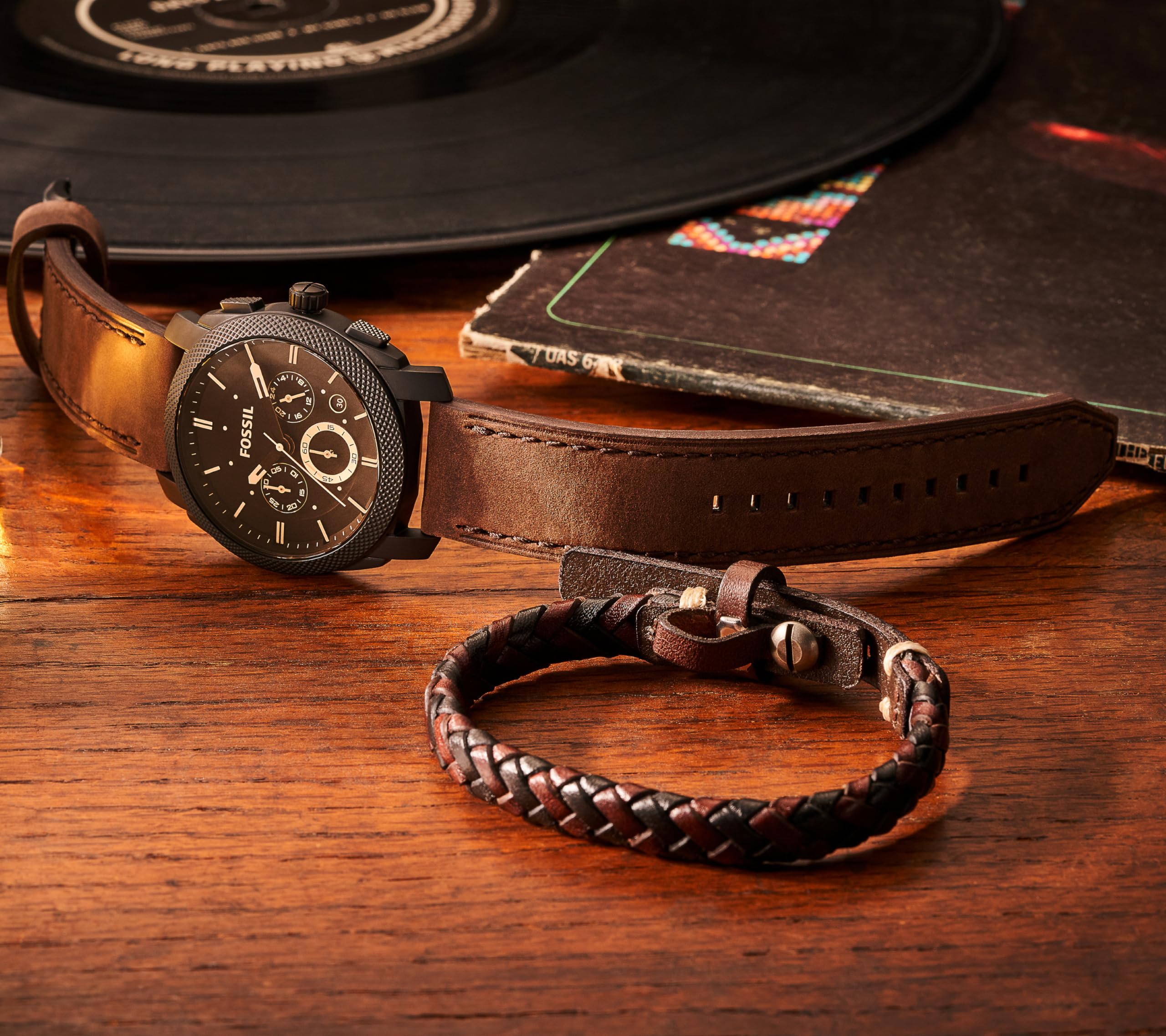 Fossil Men's Machine Quartz Stainless Steel Chronograph Watch and Bracelet Set, Color: Black, Dark Brown (Model: FS5251SET)