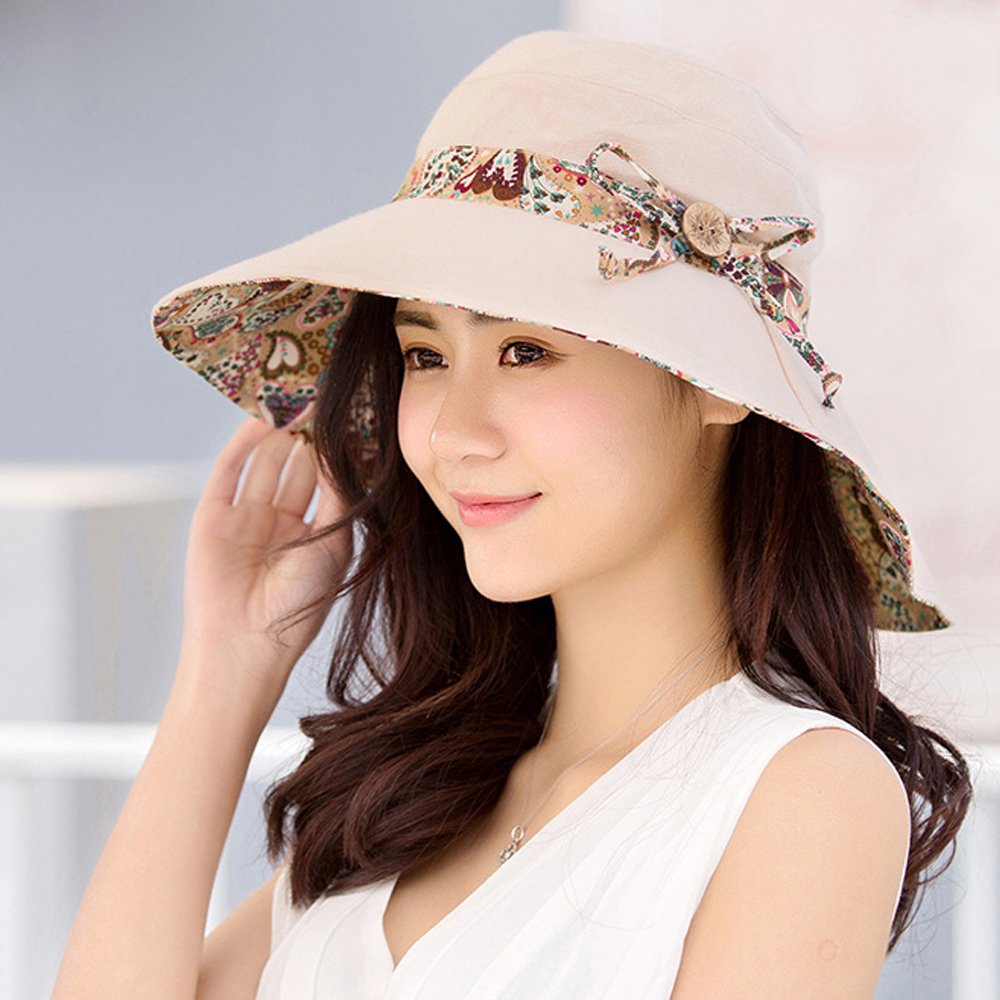Flyou Womens Sun Hat Summer Foldable Beach Cap Wide Brim UV Protection Outdoor Dome Hats (Beige)
