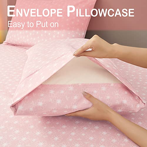 Floral Sheet Set Flower Full Size Sheet Sets, Brushed Microfiber Patterned Fitted Sheet with 15" Deep Pocket for Double Bed, Coral Pink Flower, 4 piece Sheet & Pillowcases Set