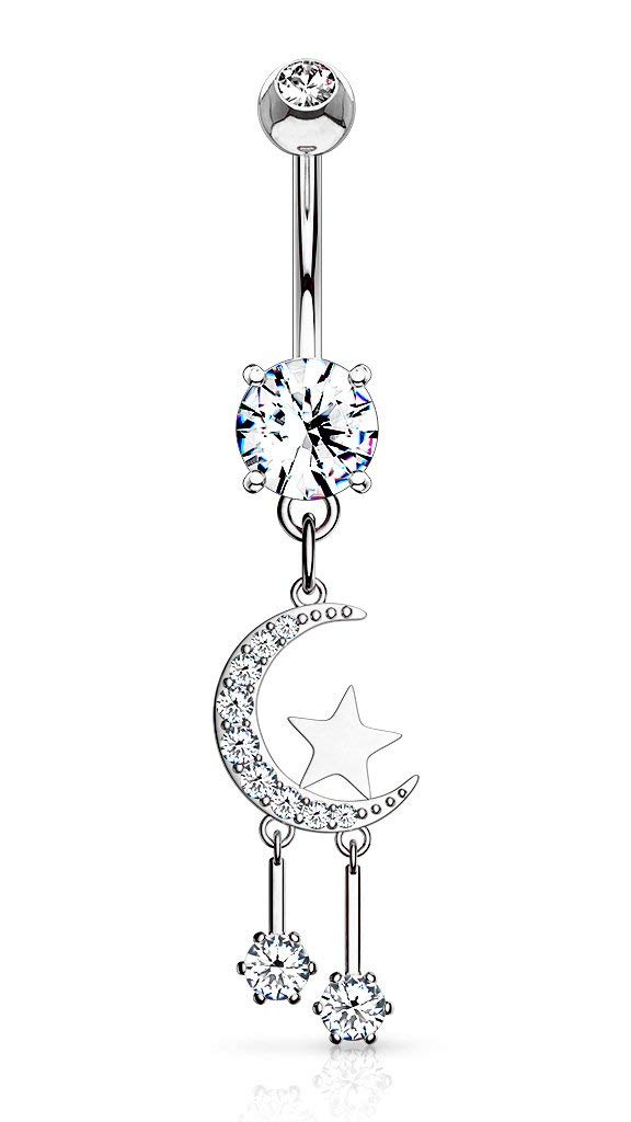 Forbidden Body Jewelry dangly belly button piercing, belly button rings moon and sun, dangly belly button jewelry, CZ Cresent moon and star cute belly button piercings. Silver Tone