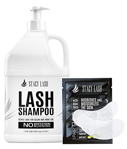 STACY LASH Eyelash Extension Shampoo 1US Gal & 100 Pairs Set Under Eye Gel Pads/Eyelid Foaming Cleanser/Safe Makeup & Mascara Remover/Lint Free Patches/Professional Supplies and Beauty Tools