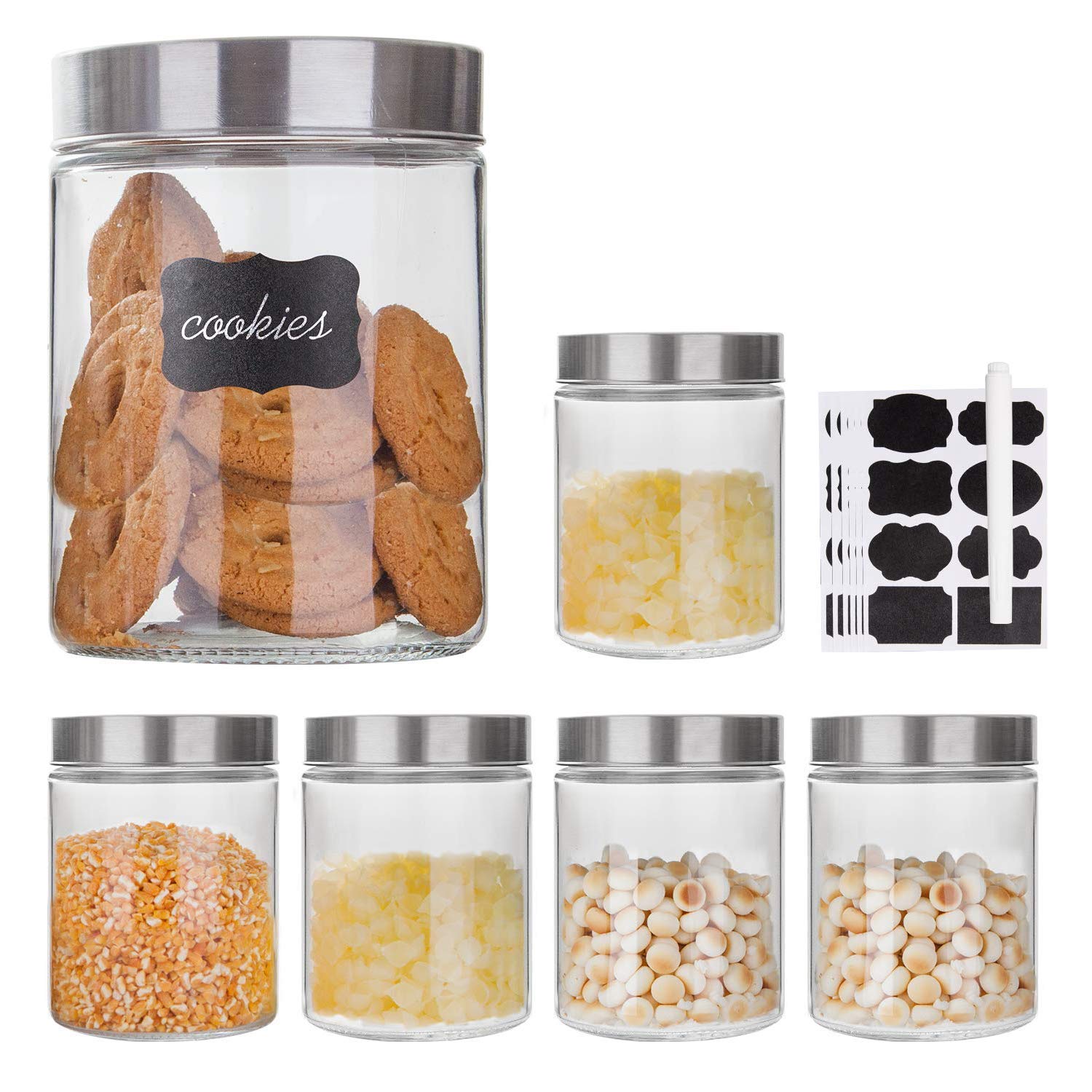 Flrolove Glass Storage Jars with Stainless Steel Lids For The Kitchen,Set of 6,27 oz