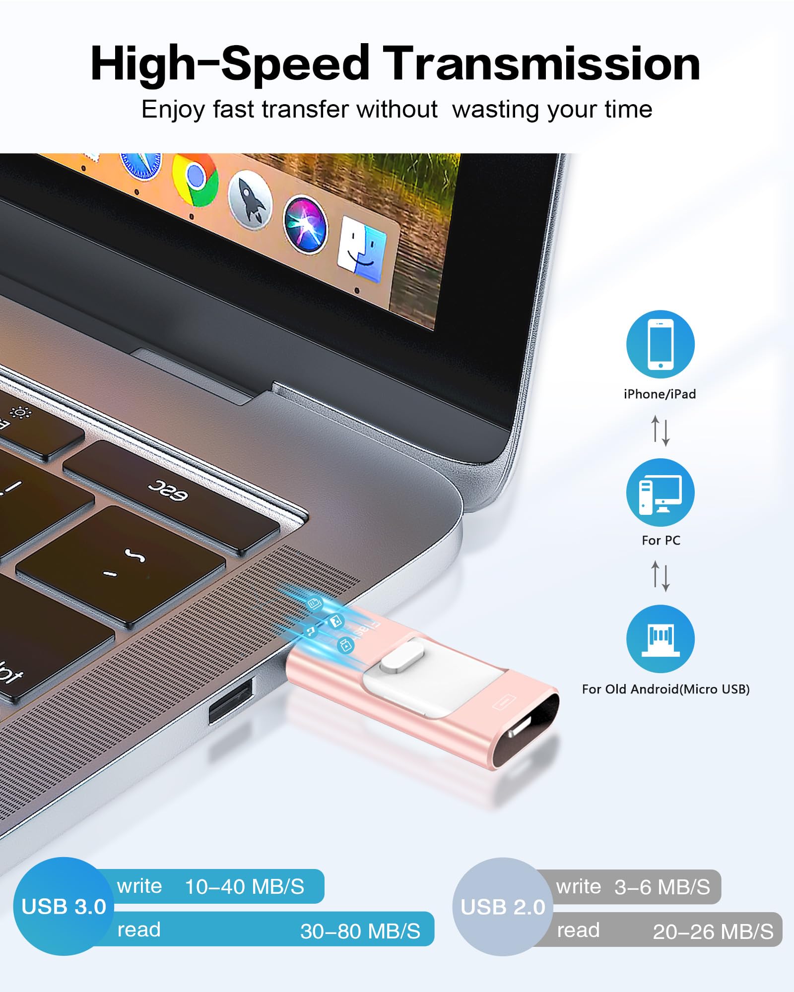 Flash Drive for iPhone 256GB, Photo Stick Thumb Drive USB Stick High Speed Transfer USB Drives External Storage Memory Expansion for iPhone/iPad/PC/Laptop (Pink)